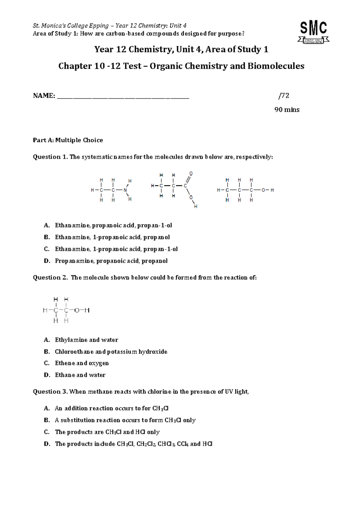 Organic Chemistry and Biomolecules Test (Year 12, U4AOS1) 2024 - Studocu