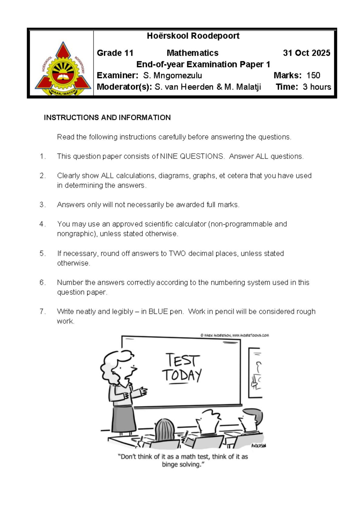 Grade 11 Mathematics P1 Final Exam Paper - 31 Oct 2025 - Studocu