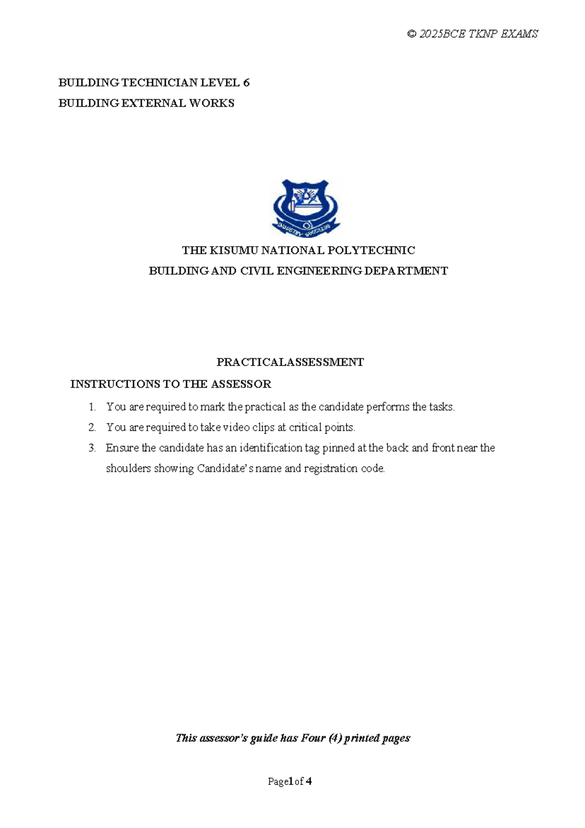 2025BCE TKNP EXAMS BUILDING TECHNICIAN LEVEL 6 PRACTICAL ASSESSMENT ...
