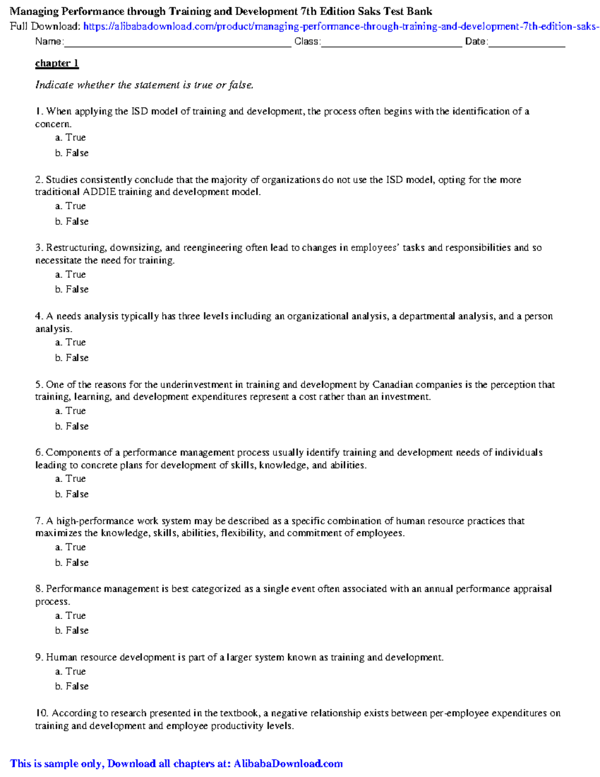 Managing Performance through Training and Development 7th Ed. Saks Test ...
