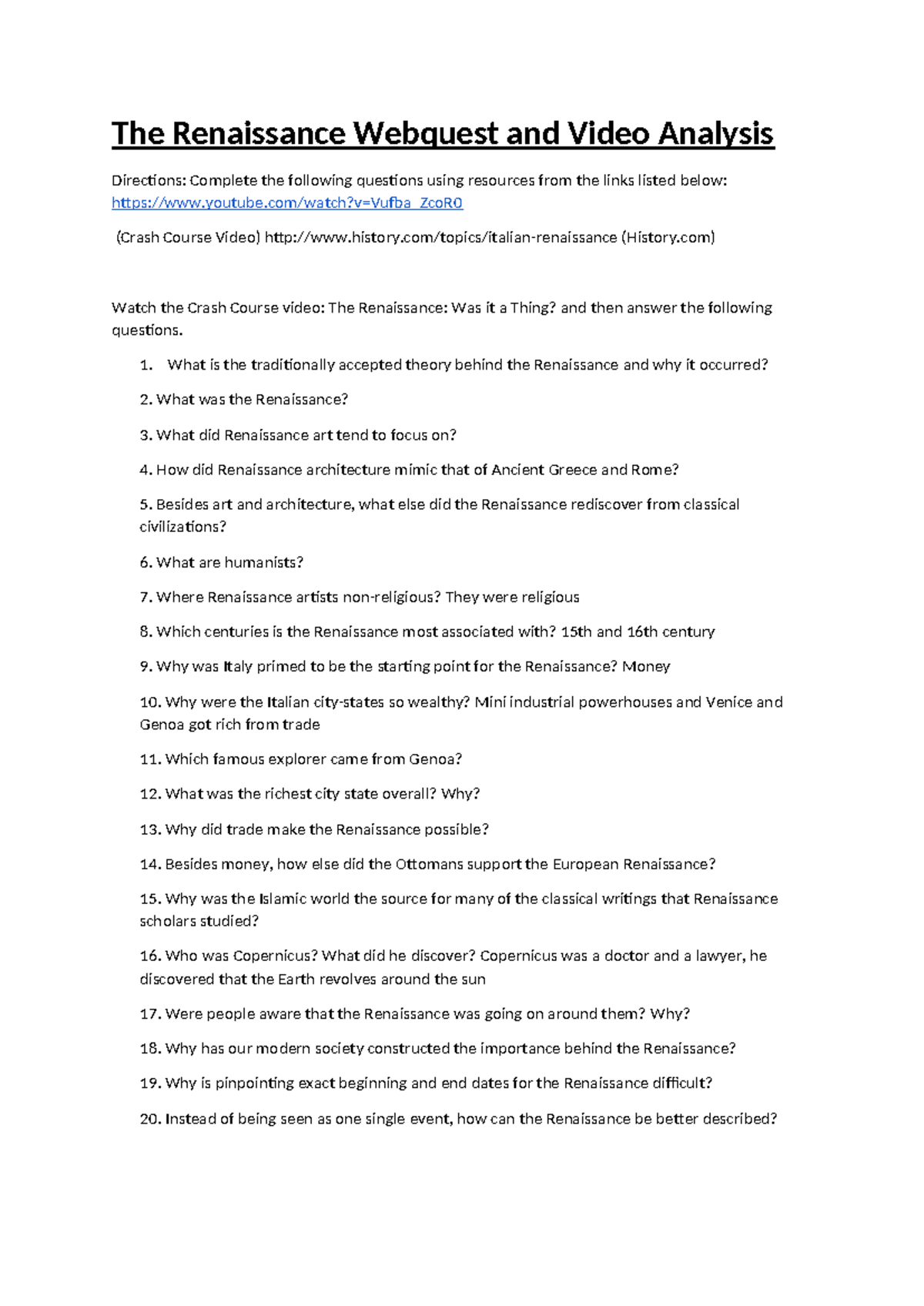 Renaissance Webquest & Video Analysis Directions (HIST 101) - Studocu