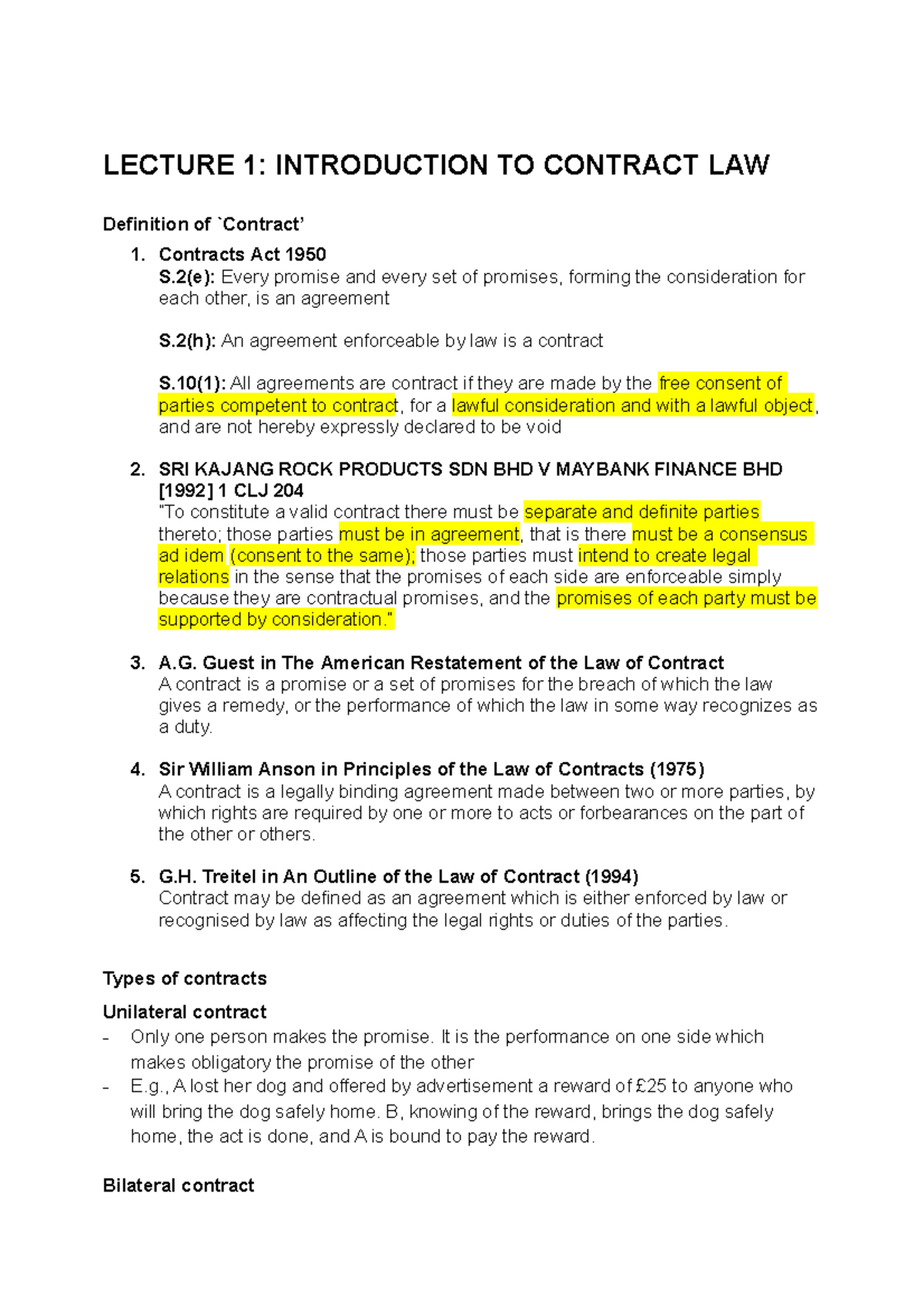 Contract I Notes - LECTURE 1: INTRODUCTION TO CONTRACT LAW Definition ...
