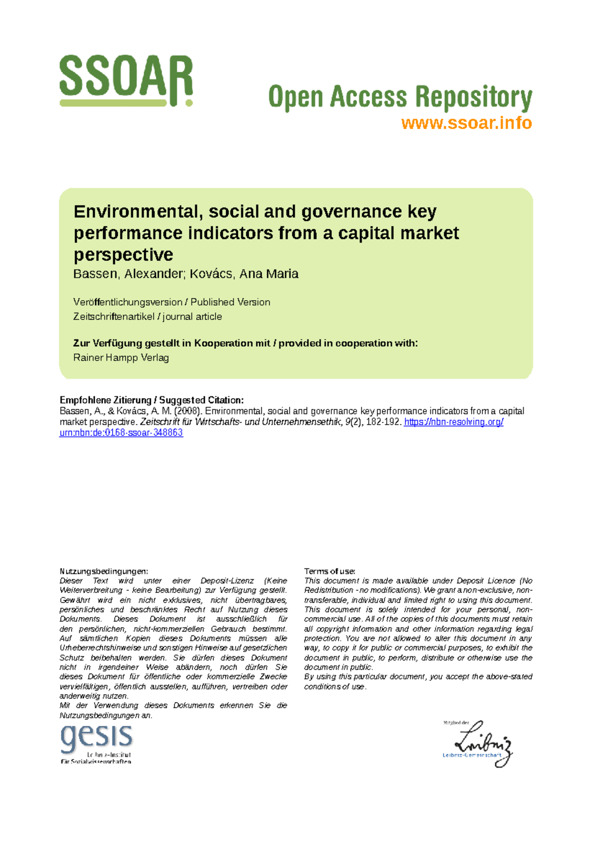 ESG Key Performance Indicators in Capital Markets: A Study (BASSEN 2008 ...