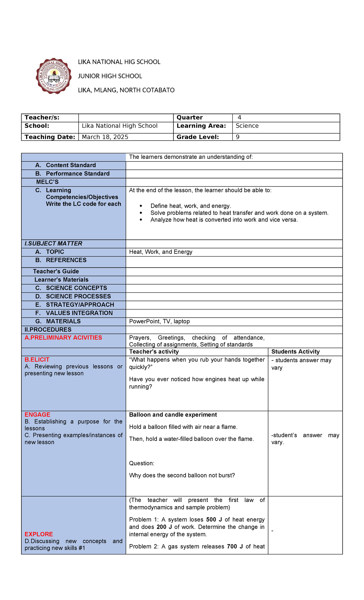 HEAT, WORK, Energy - Lesson plan - LIKA NATIONAL HIG SCHOOL JUNIOR HIGH ...
