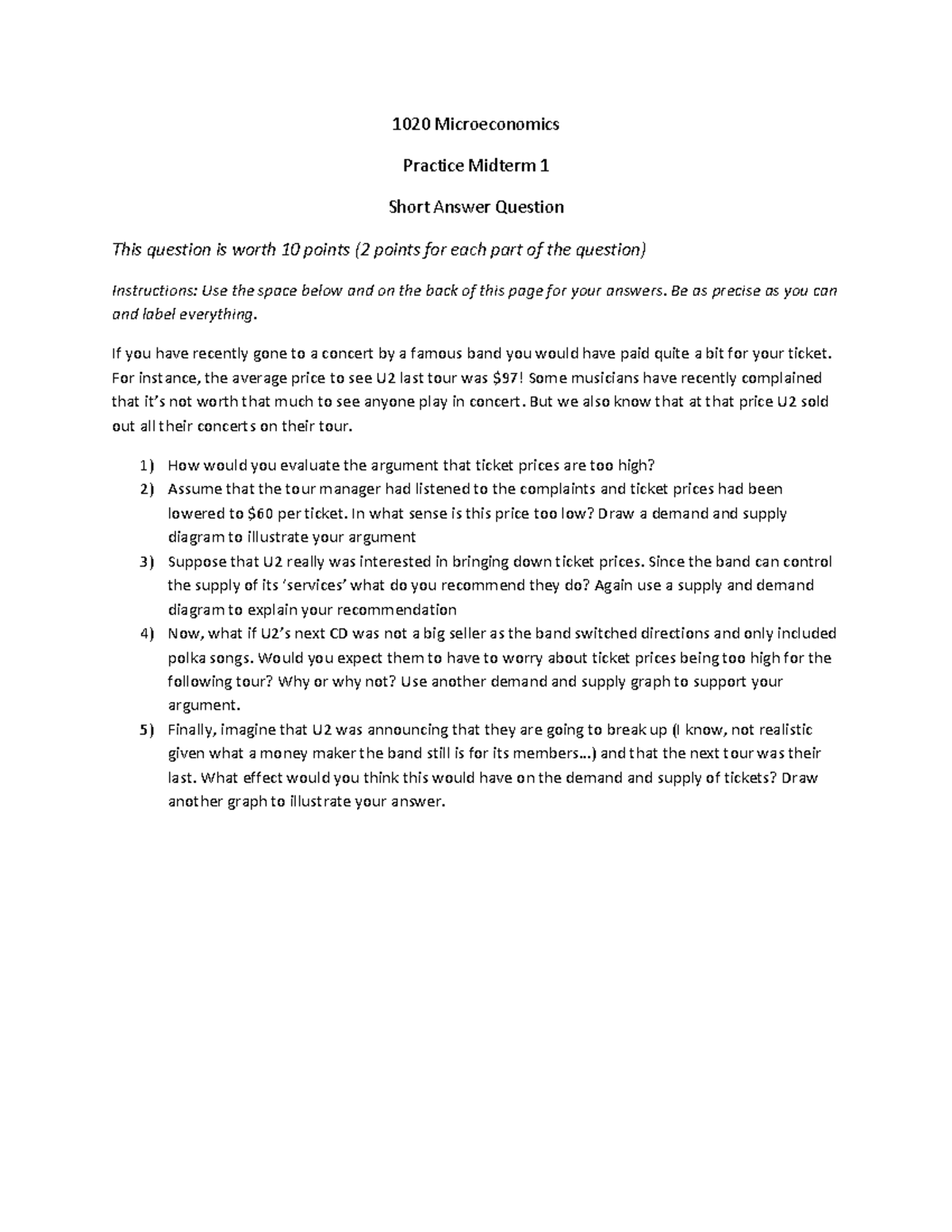 1020 Microeconomics Practice Midterm 1 Short Answer Questions - Studocu