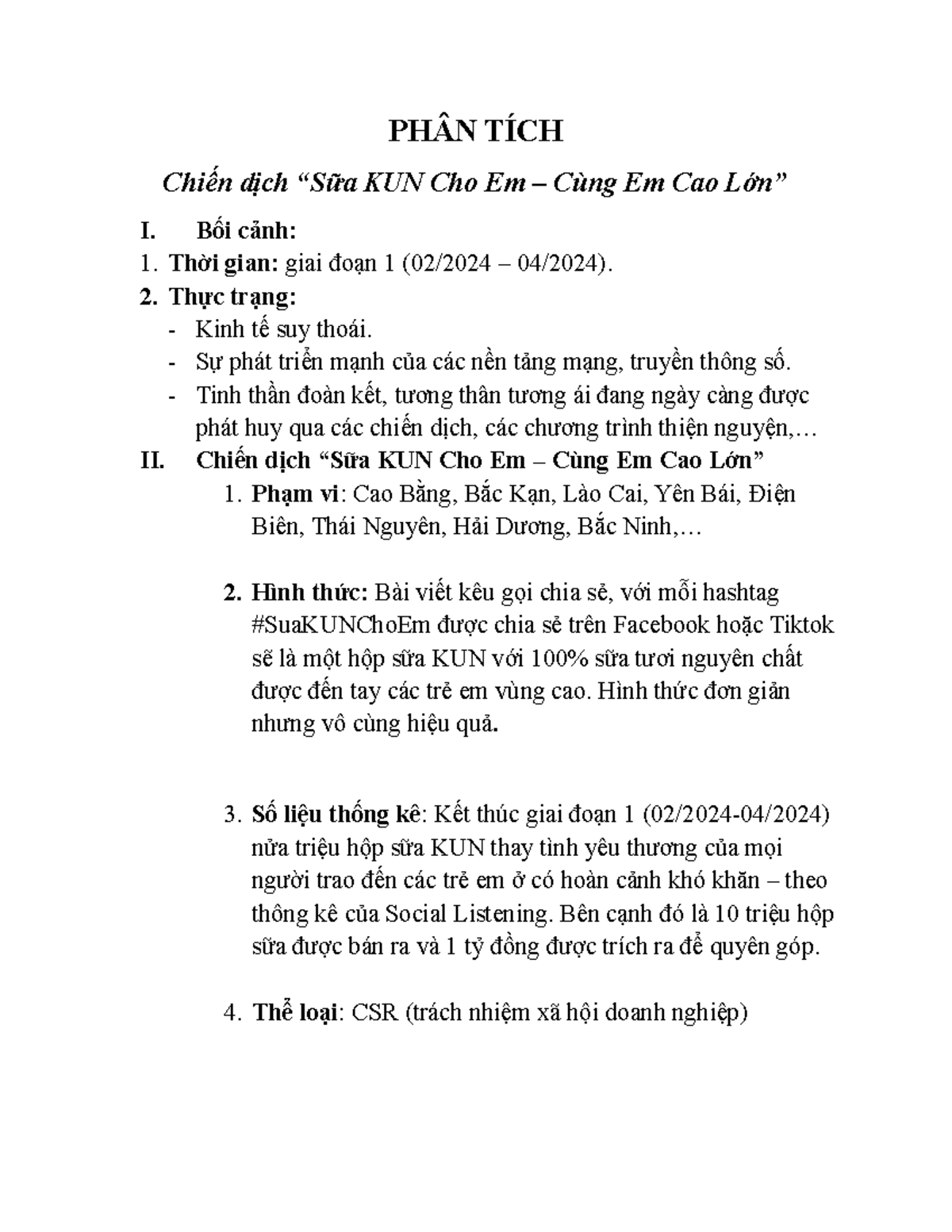 Phân Tích Chiến Dịch "Sữa KUN Cho Em" - CSR và Tác Động Xã Hội - Studocu