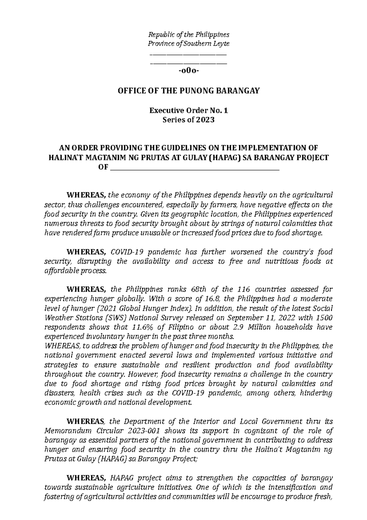 Guidelines for HAPAG Project Implementation - Executive Order No. 1 ...