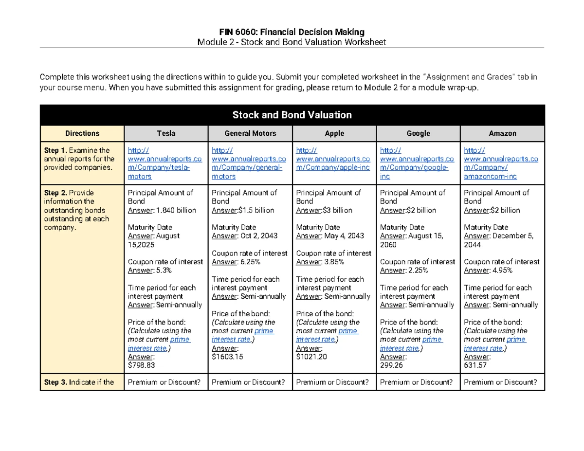 FIN 6060 Module 2 Worksheet - Module 2 - Stock and Bond Valuation ...