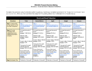 FIN 6060 Module 2 Worksheet - Module 2 - Stock and Bond Valuation ...