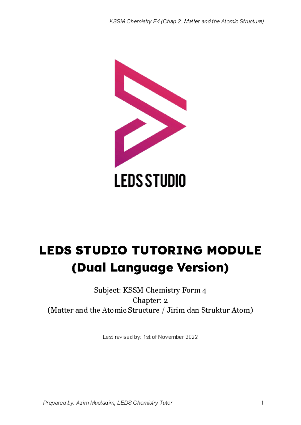 Modul F4 Chem Chapter 2: Matter & Atomic Structure Insights - Studocu