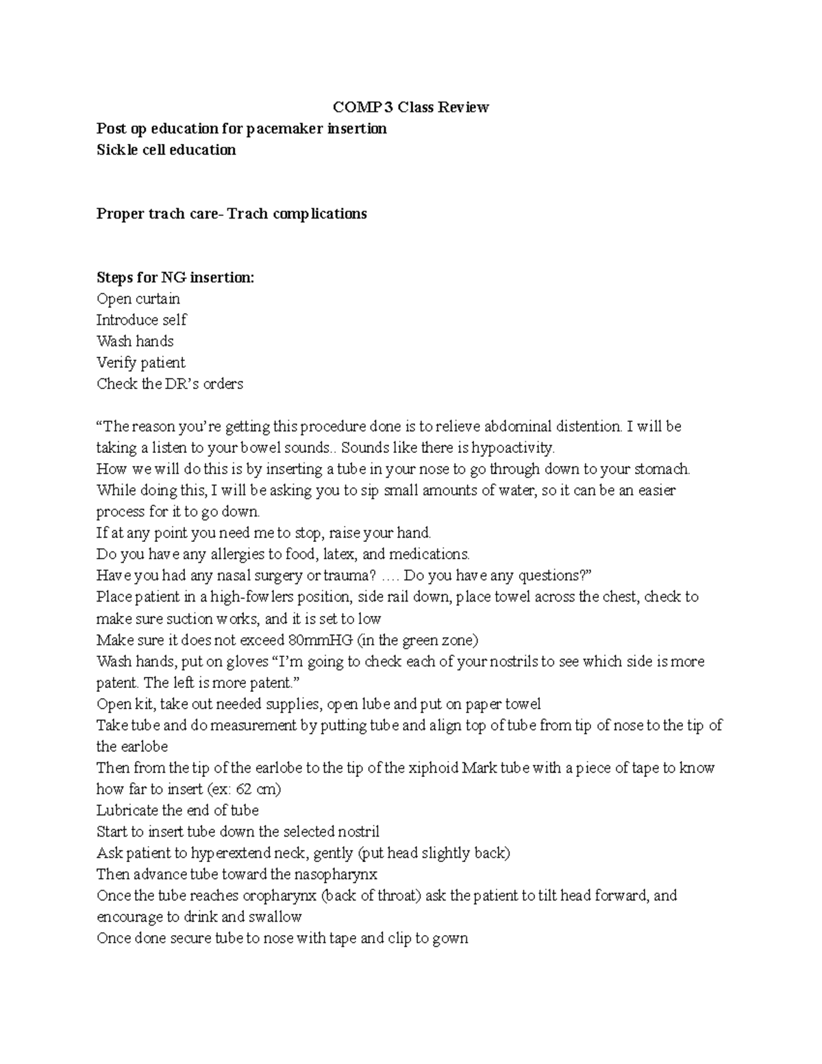 COMP 3 Class Review - group notes - COMP 3 Class Review Post op ...