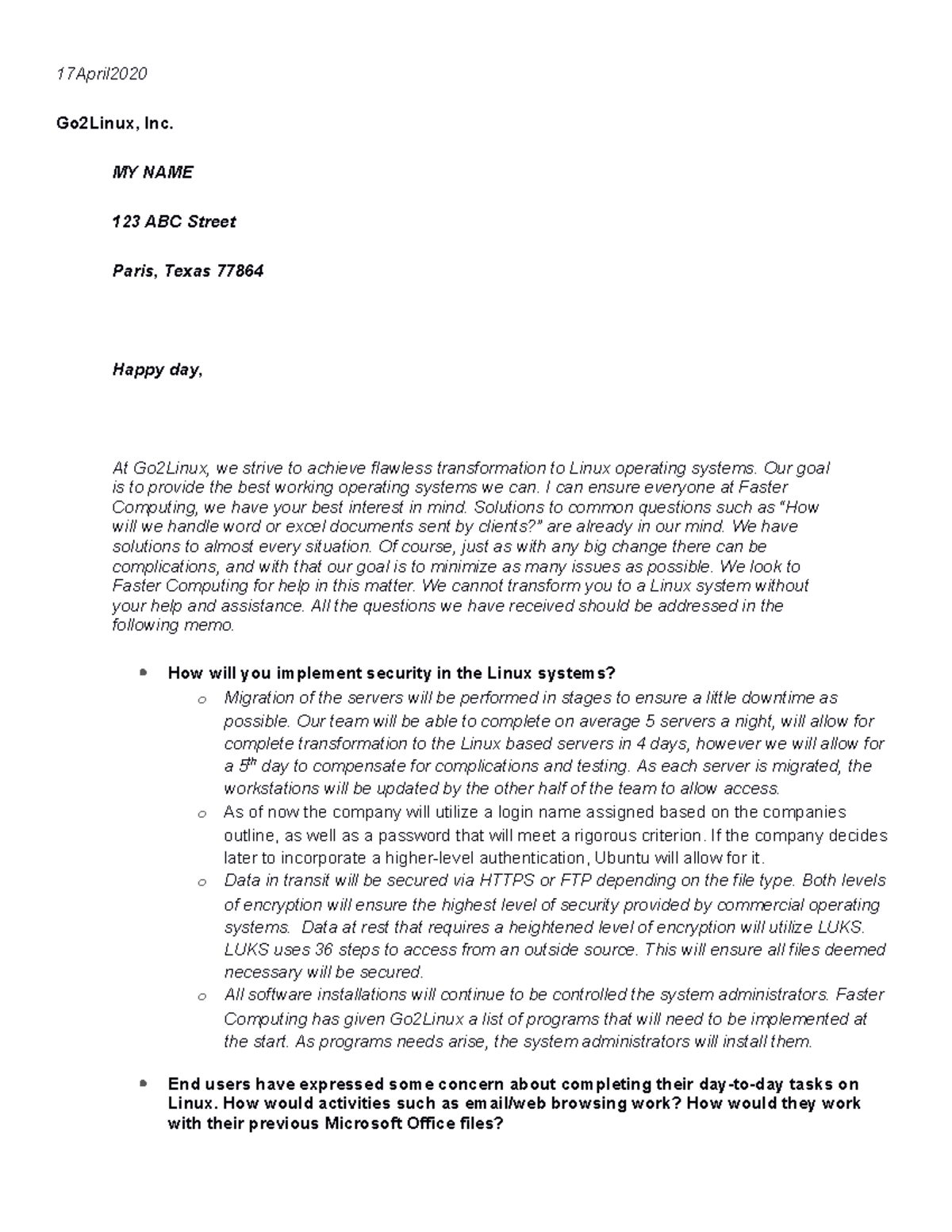 Part2 Linux Implementaion Memo - 17April Go2Linux, Inc. MY NAME 123 ABC ...