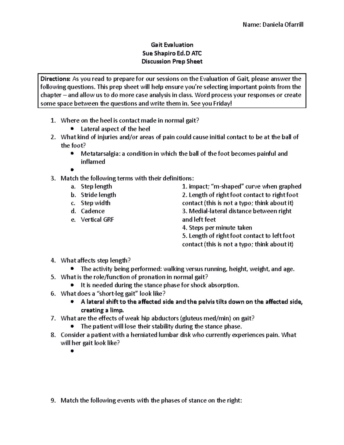 Gait Analysis Worksheet - Name: Daniela Ofarrill Gait Evaluation Sue ...