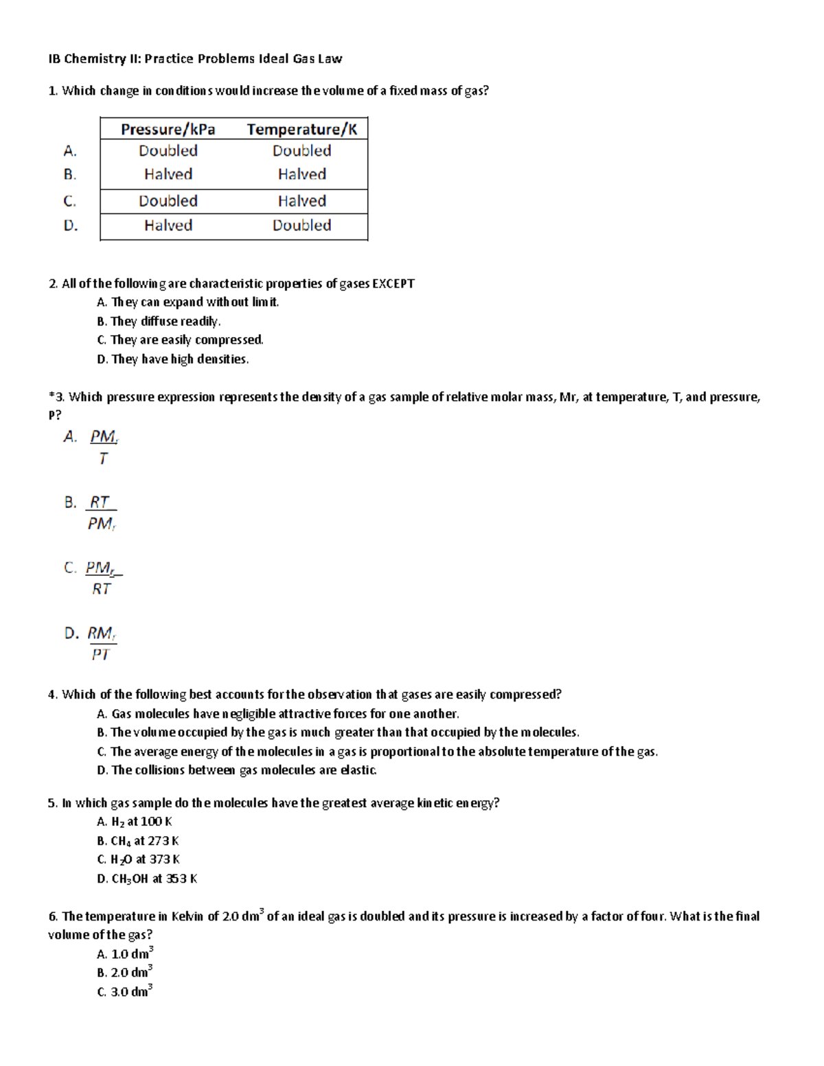 IB Chemistry II: Ideal Gas Law Practice Problems and Solutions - Studocu