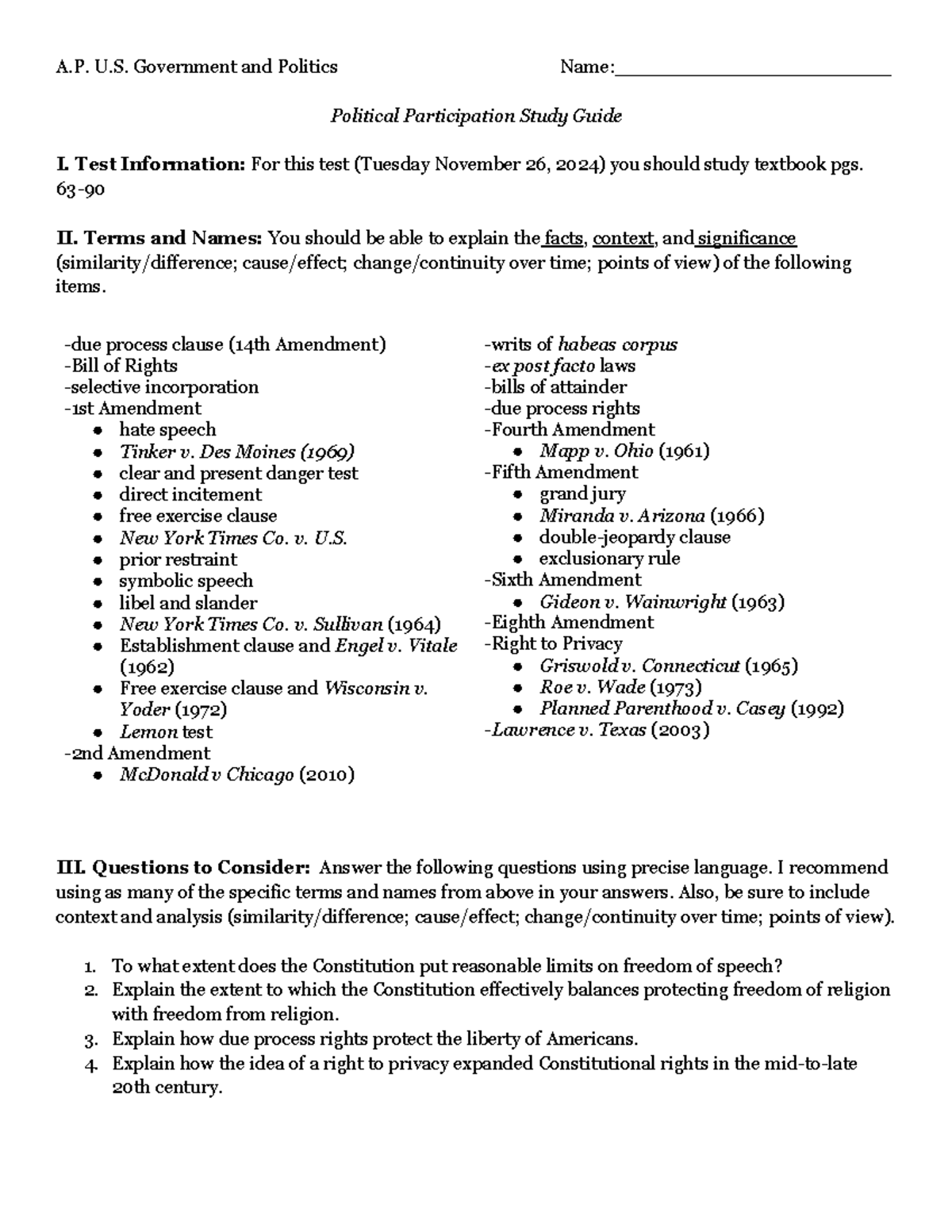 AP Gov Civil Liberties Study Guide (2024) - Key Concepts & Questions ...