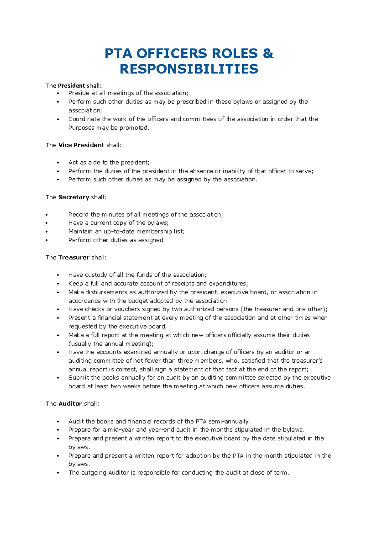 PTA Officers: Roles & Responsibilities Overview - Studocu
