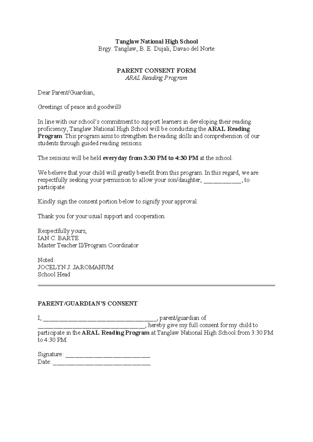 ARAL Reading Program Parent Consent Form - Tanglaw National High School ...