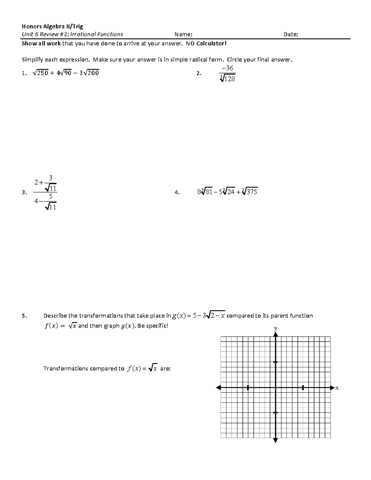 Honors Algebra 2 Unit 6 Review: Irrational Functions - Studocu