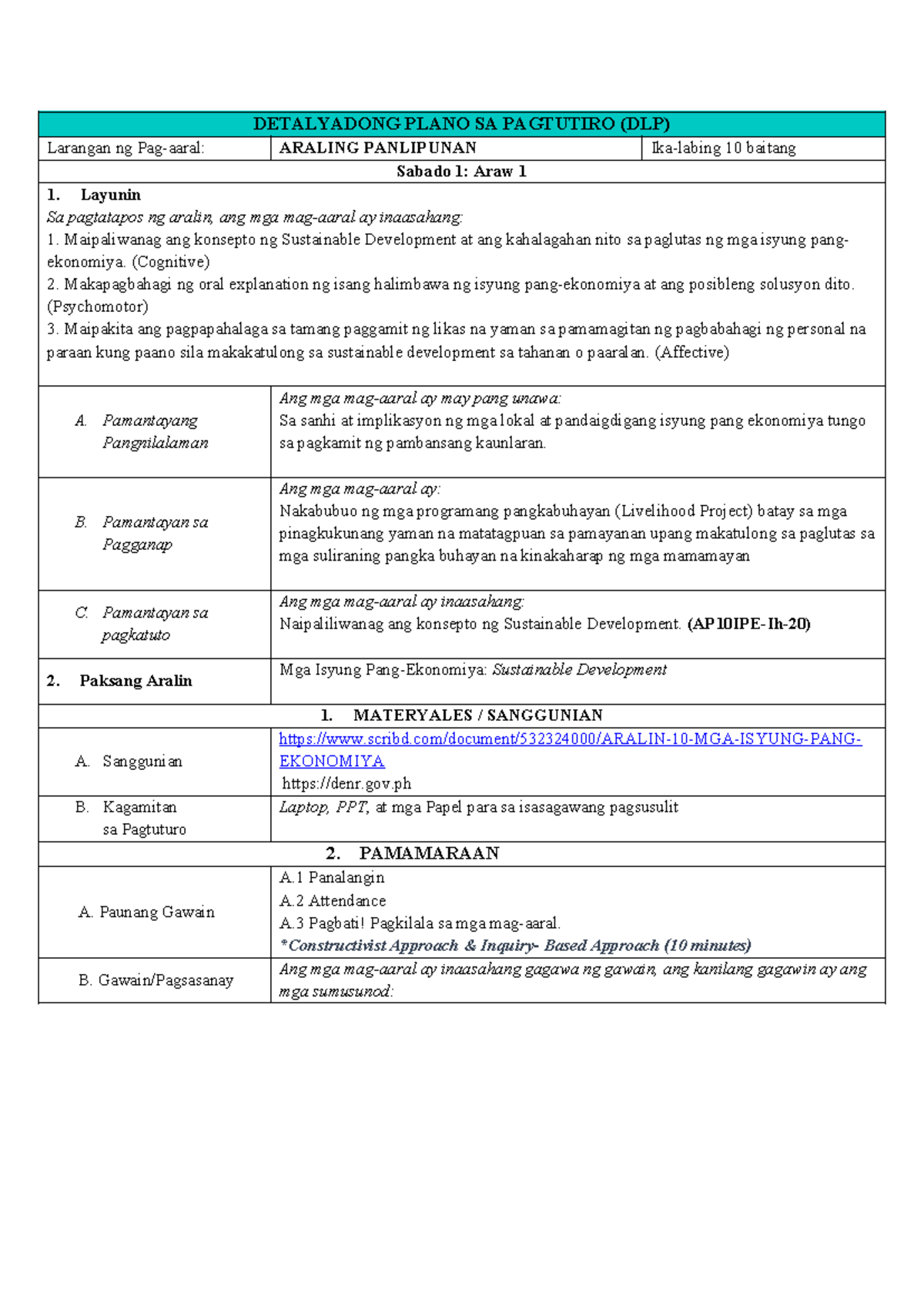 DLP: Sustainable Development Lesson Plan for 10th Grade - Studocu