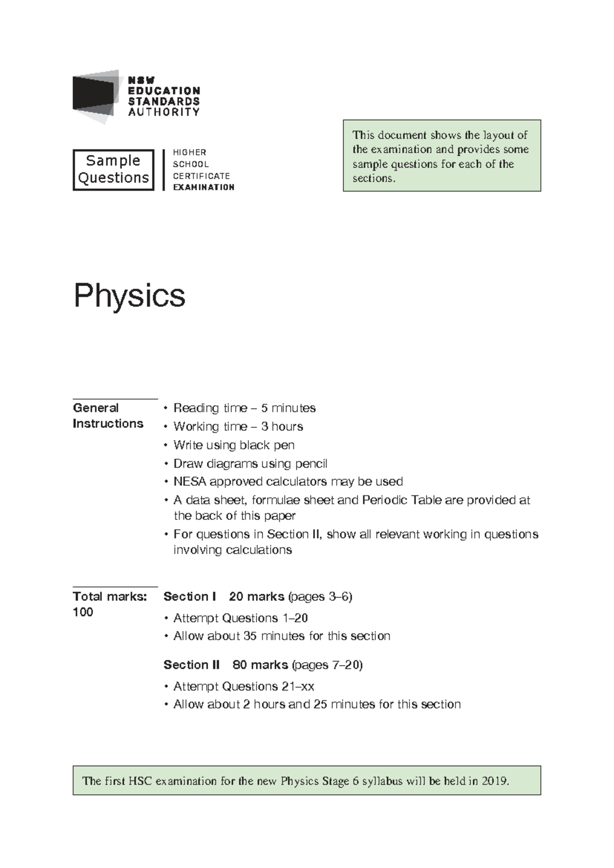 Sample Questions HSC Physics Exam 2019: Structure & Guidelines - Studocu