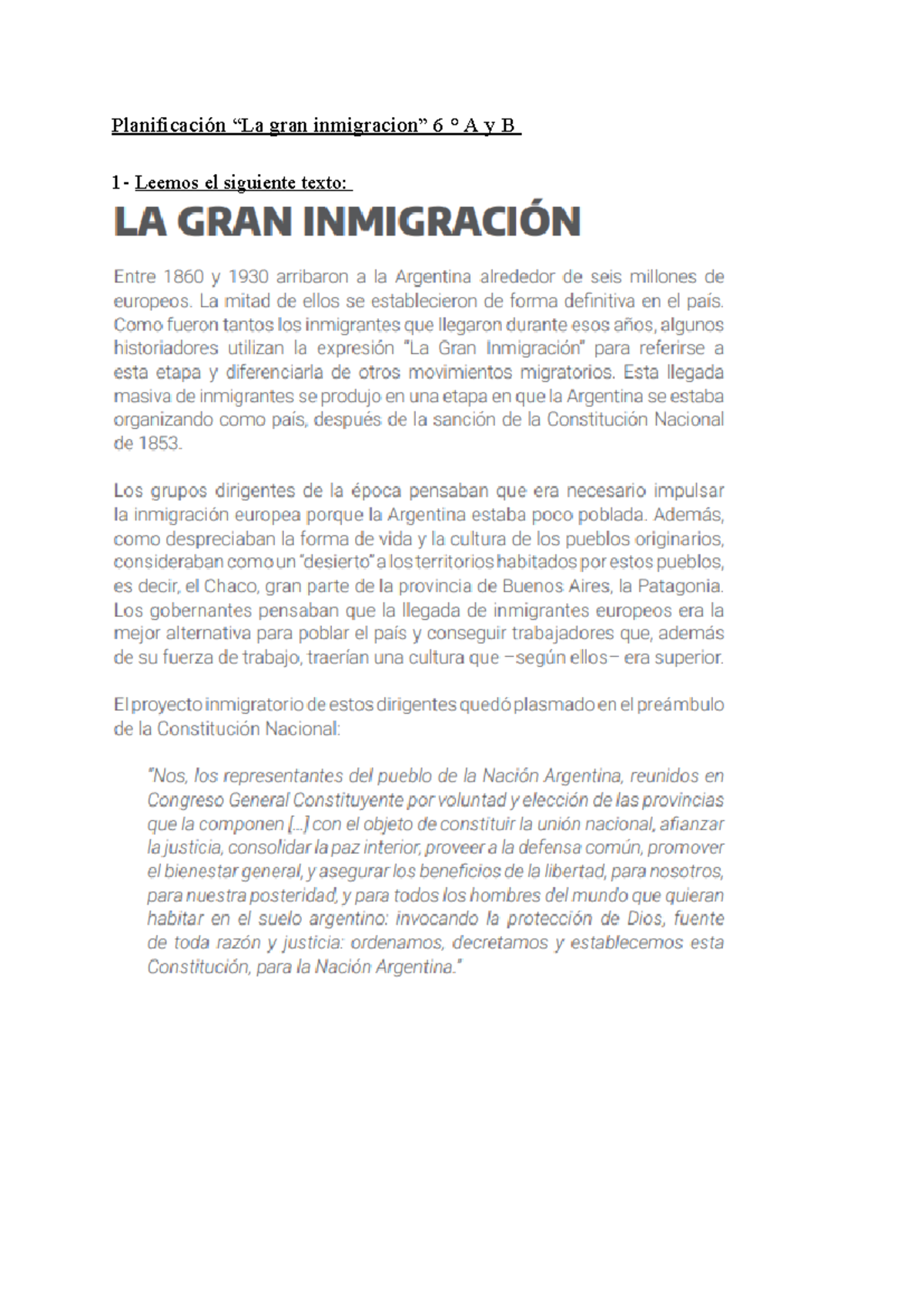 Planificación sobre La Gran Inmigración 6° A y B - Actividades y ...