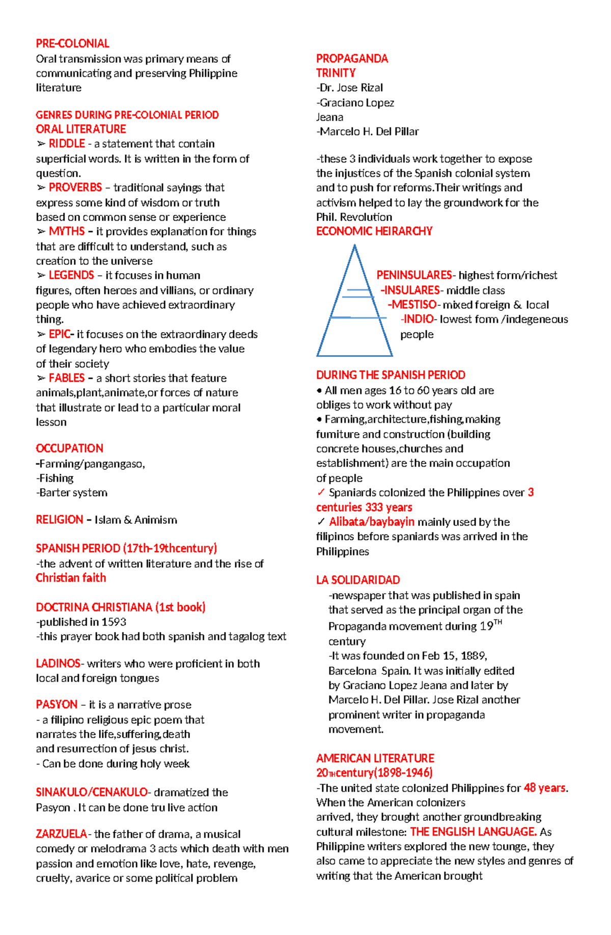 21st Lit Notes: Pre-Colonial to American Period Overview - Studocu
