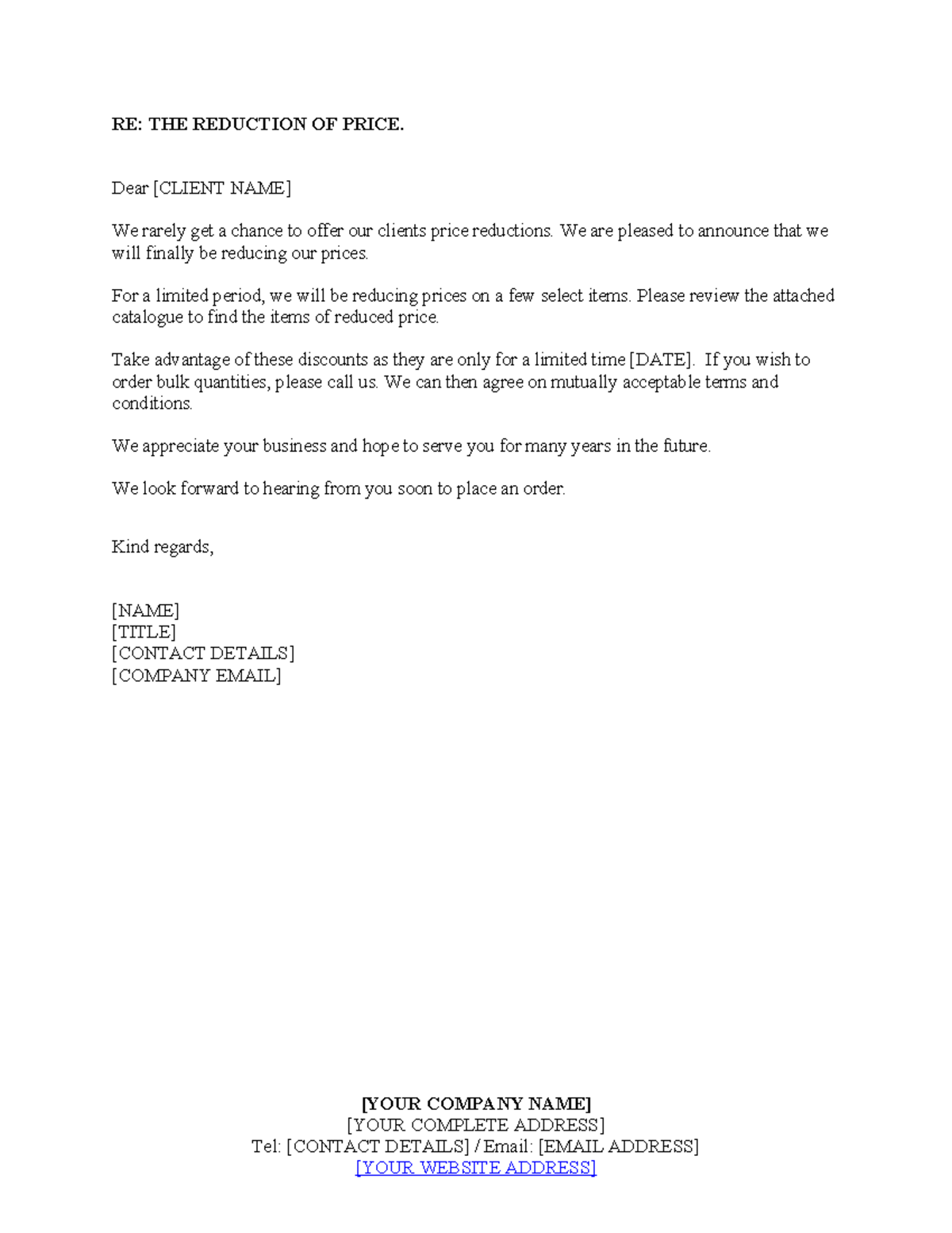 Price Reductions - Template - RE: THE REDUCTION OF PRICE. Dear [CLIENT ...