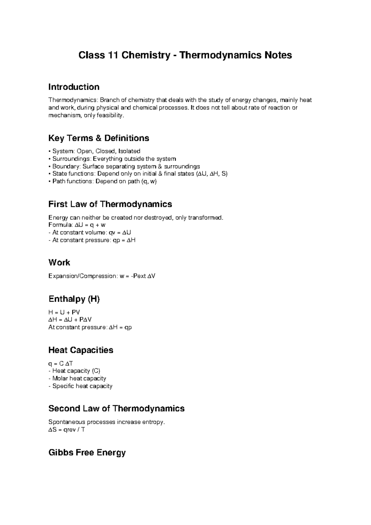 Class 11 Chemistry Thermodynamics Notes: Key Concepts & Laws - Studocu