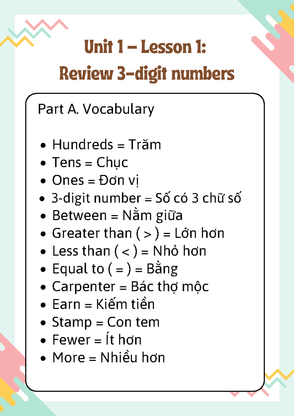 Unit 1 – Lesson 1: 3-Digit Numbers Vocabulary Review - Studocu