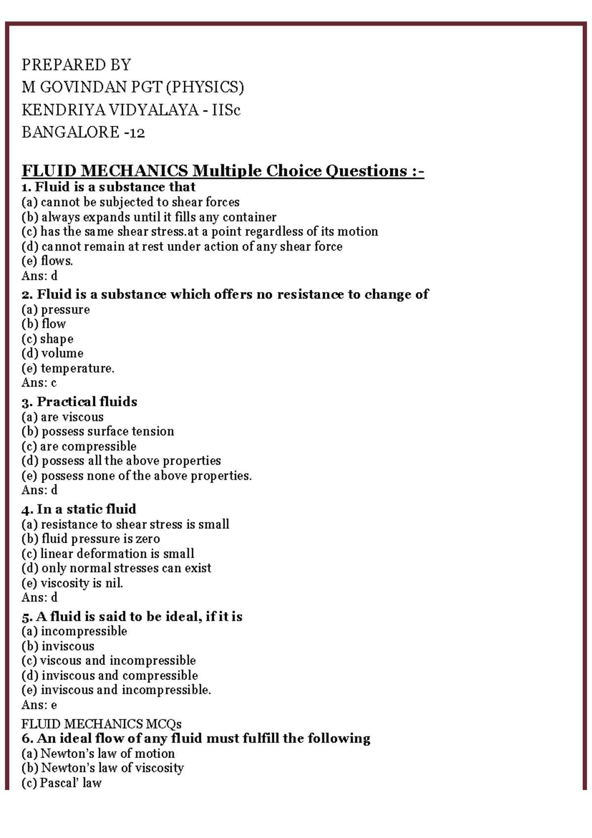 MCQ- Fluid Mechanics (PGT Physics) - Questions & Answers - Studocu