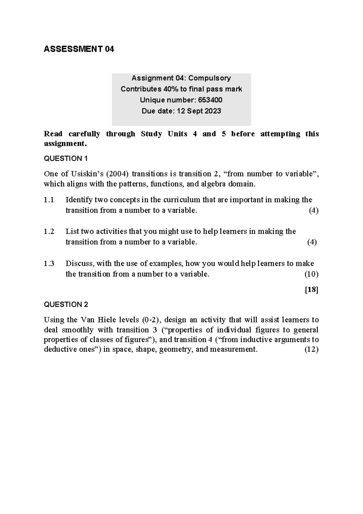 Assessment 4 PDM4801-1: Transition from Numbers to Variables in Math ...