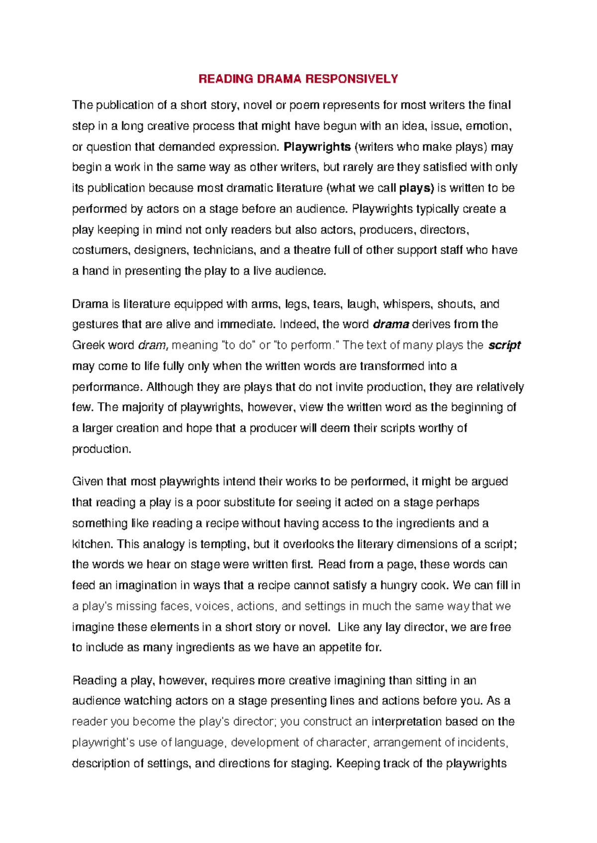 RESPONSIVE READING OF DRAMA: ANALYSIS AND INTERPRETATION - Studocu