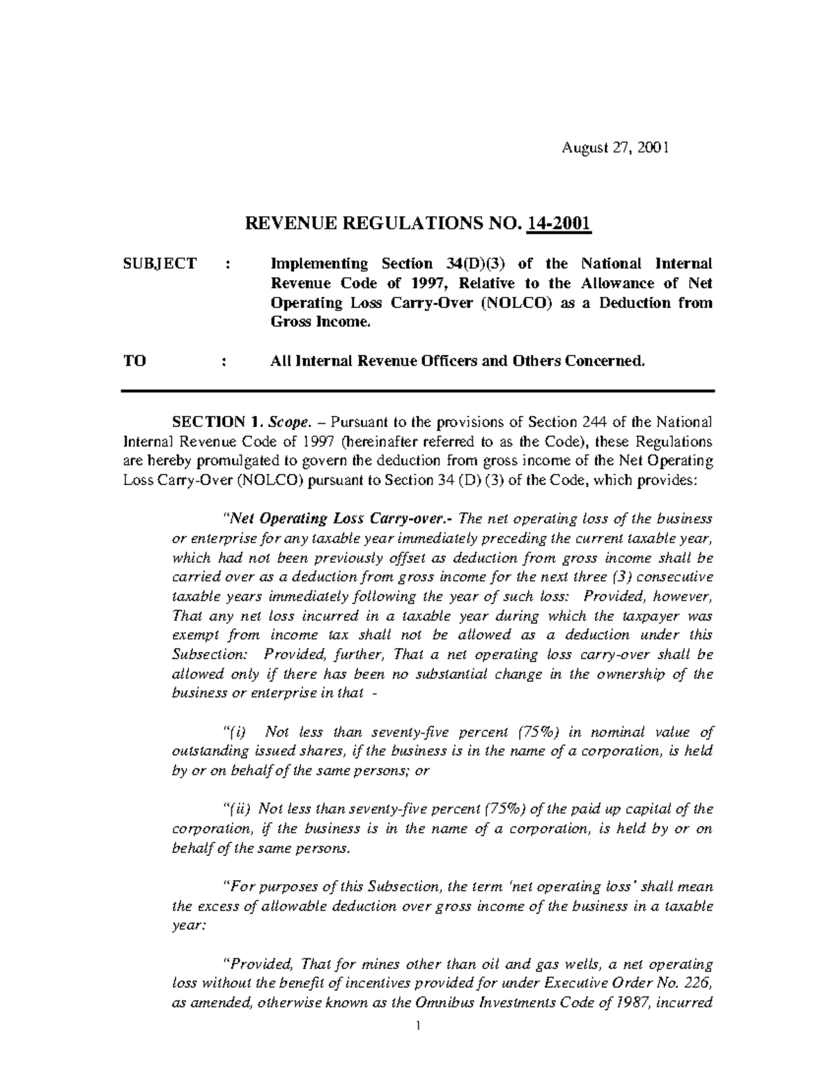 Rr14 01 - Implementing Net Operating Loss Carry-Over Regulations - Studocu