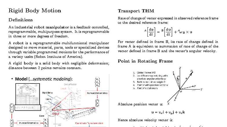 Robotics 101: Rigid Body Motion & Kinematics Formula Sheet - Studocu