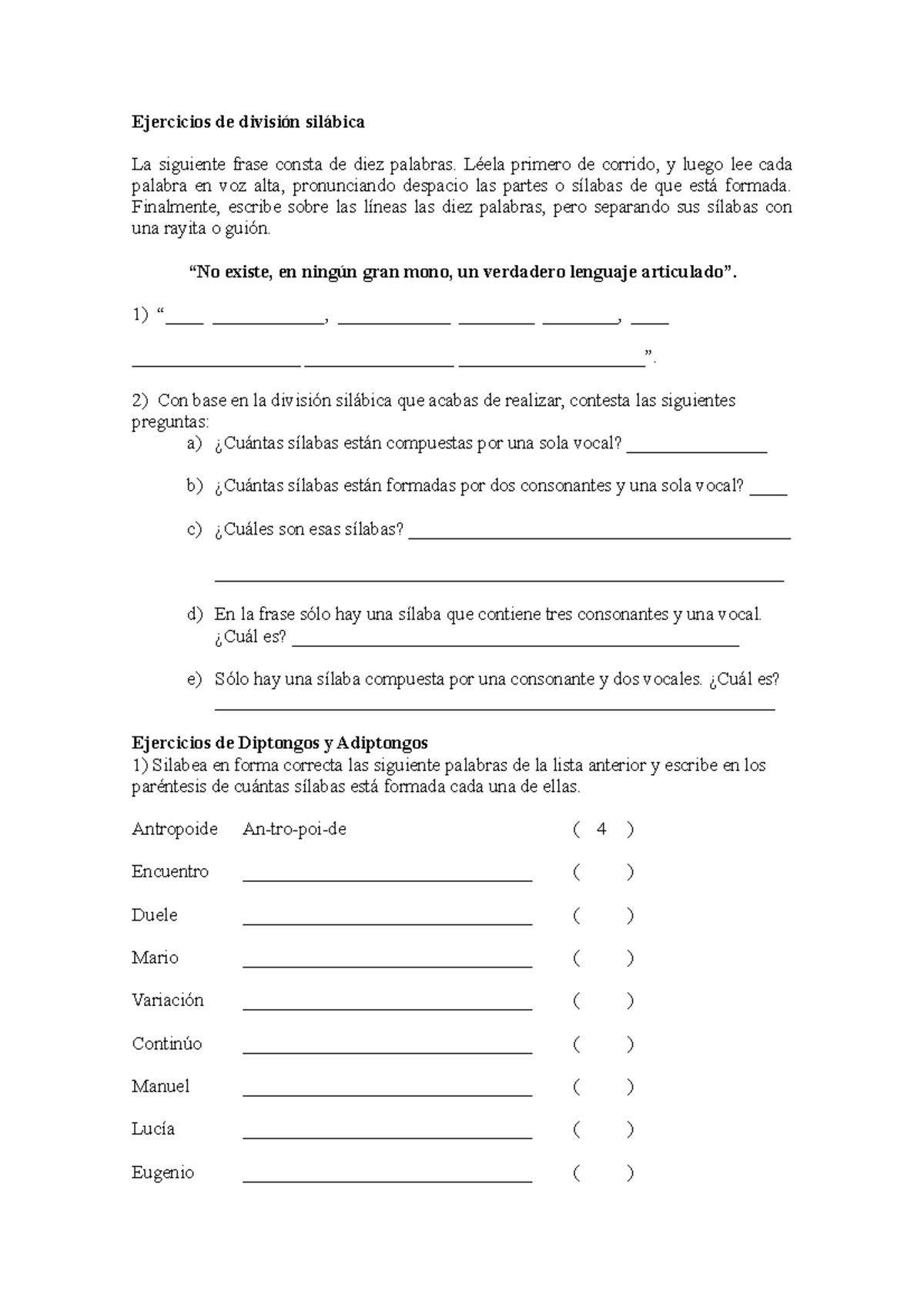 Actividades de la división silábica - Ejercicios de división silábica ...