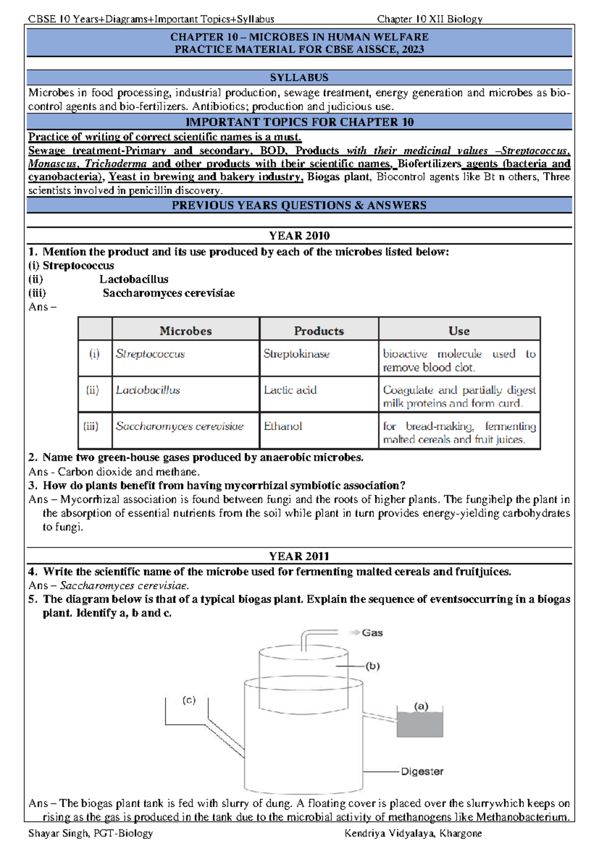 CBSE 10 Biology XII Chapter 10 Microbes in Human Welfare - Practice ...