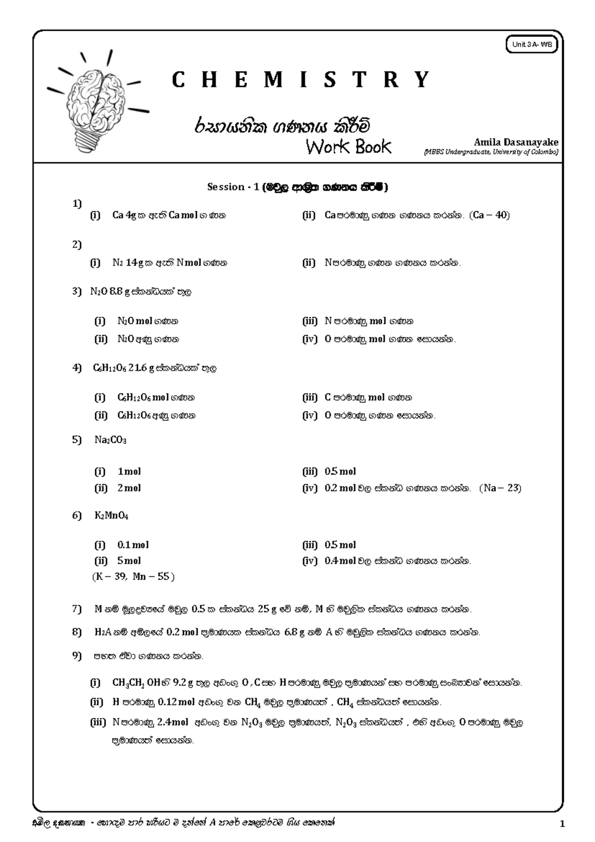 Unit 3 (CHEM 101) - Chemical Calculations Workbook 1 - Studocu