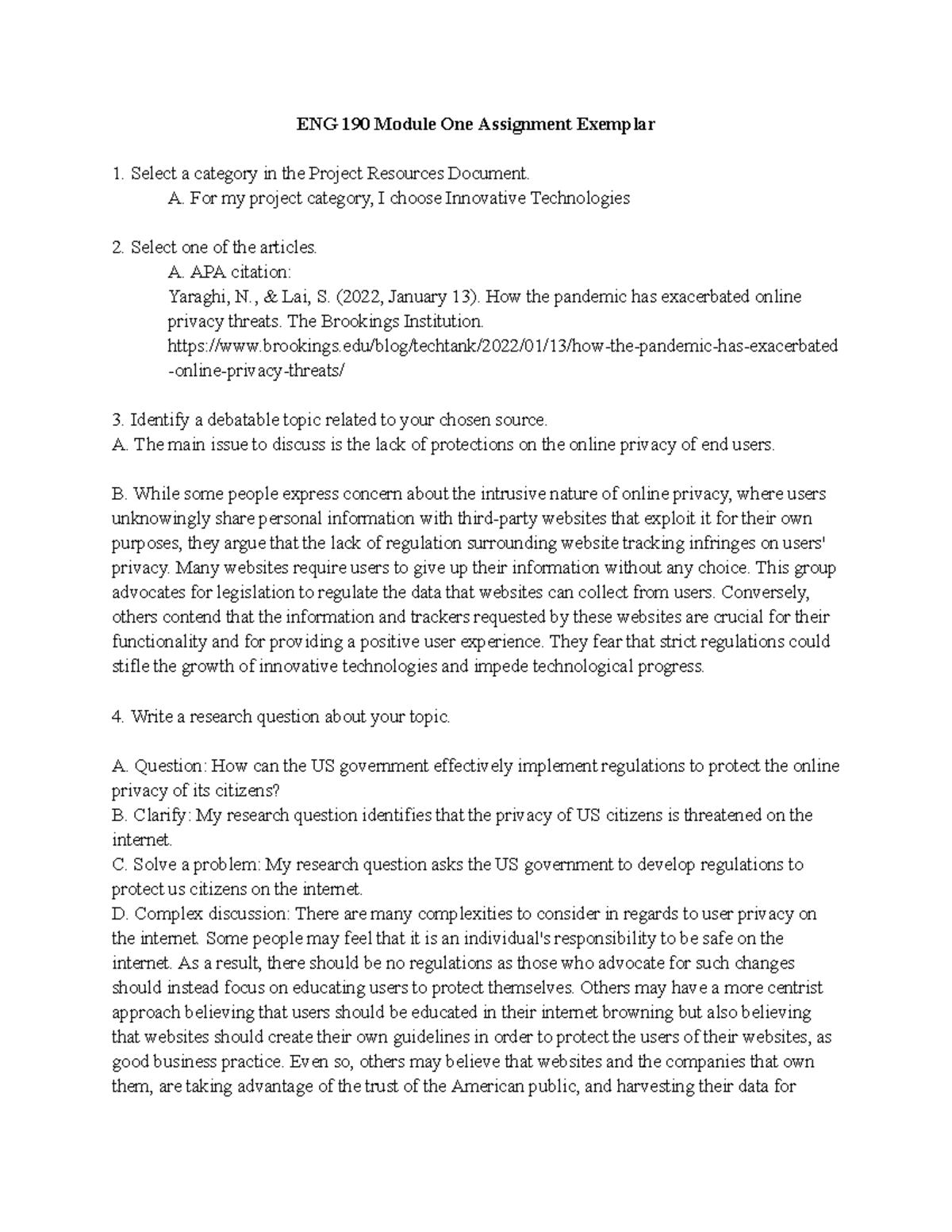 ENG 190 Module One Assignment: Online Privacy Regulations Debate - Studocu
