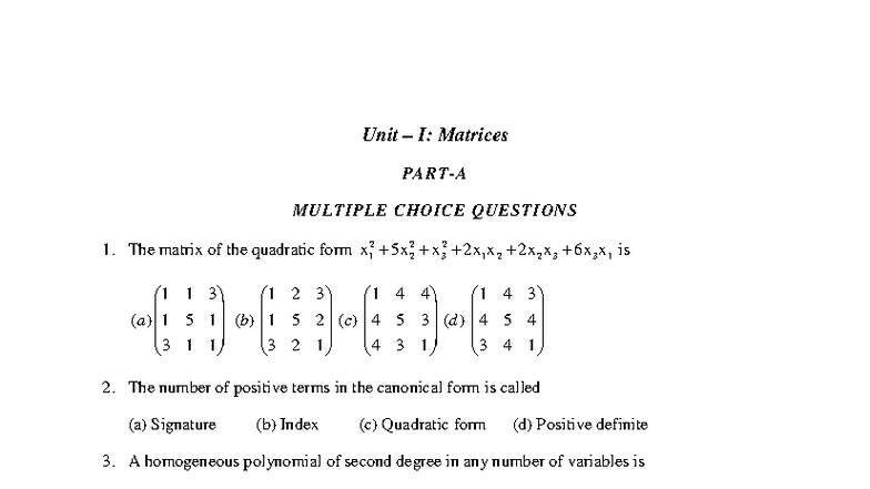 Unit I: Matrices - Multiple Choice Questions (MCQ) - Studocu