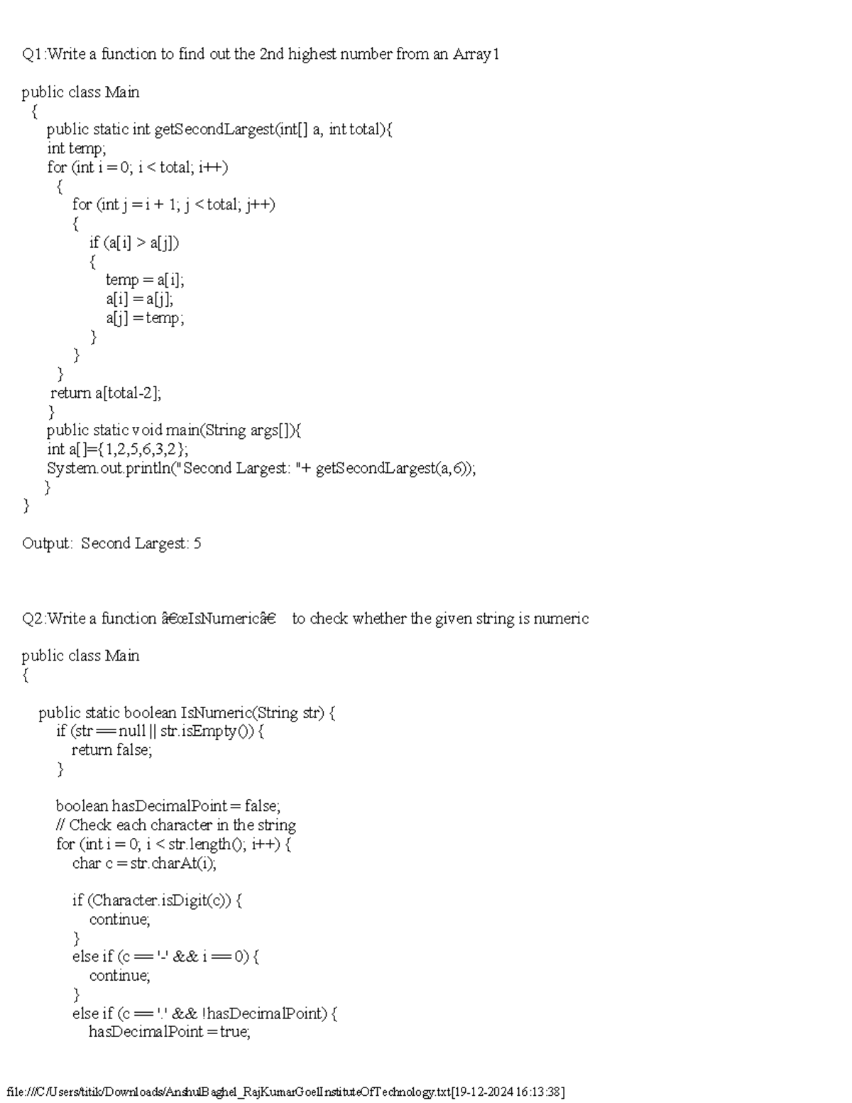 java questions for practice - file:[19-12-2024 16:13:38] Q1:Write a function to find out the 2nd ...