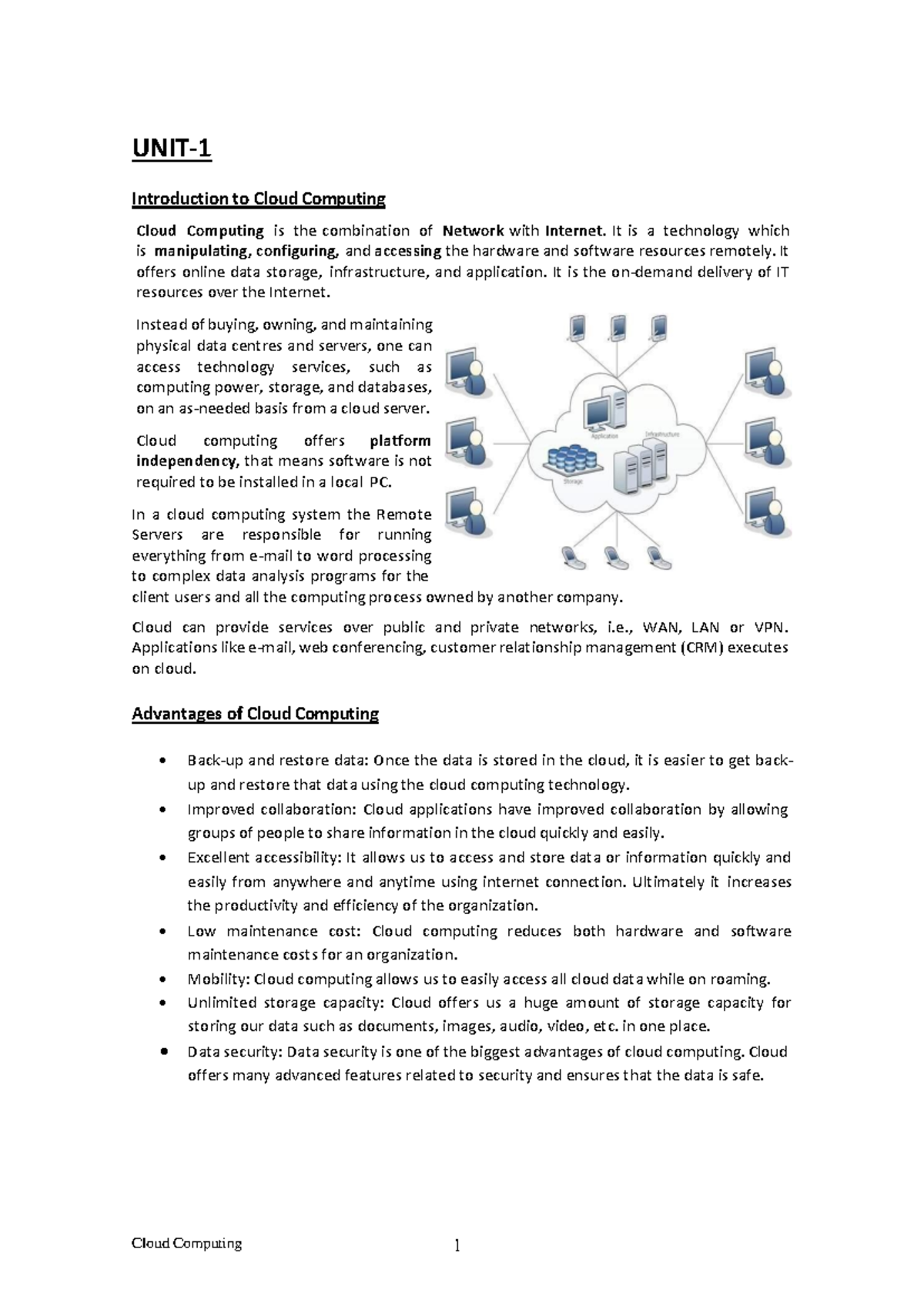 UNIT-1 cloud computing - UNIT- Introduction to Cloud Computing Cloud Computing is the ...