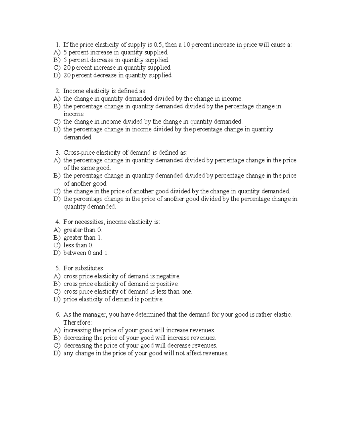 Elasticity Concepts Quiz: Price, Income, and Demand Elasticity - Studocu