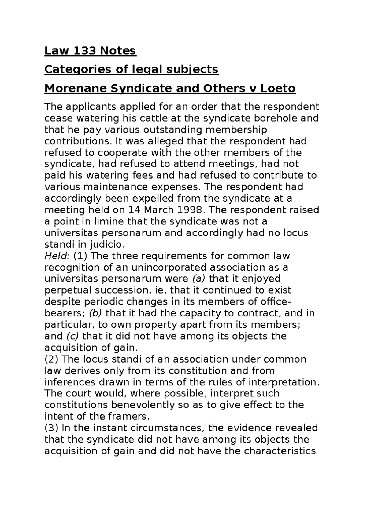 LAW 133 Case Summaries: Morenane Syndicate & Legal Principles Explained ...