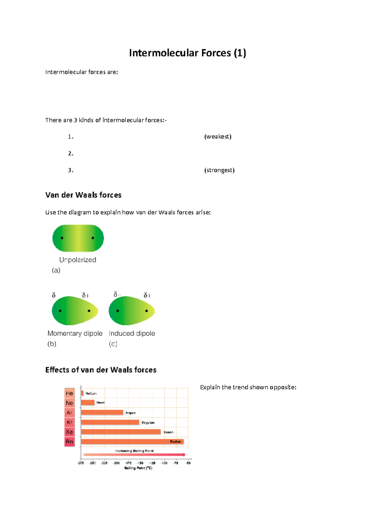 Intermolecular Forces Worksheet: Van der Waals & Dipole-Dipole - Studocu