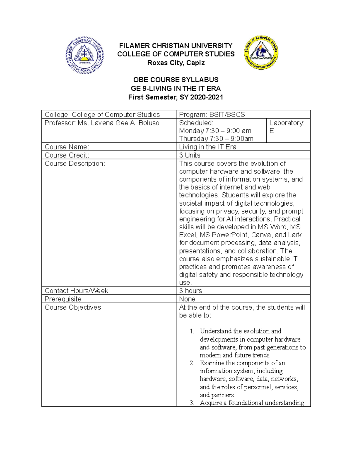 GE9 Syllabus Updated - FILAMER CHRISTIAN UNIVERSITY COLLEGE OF COMPUTER ...