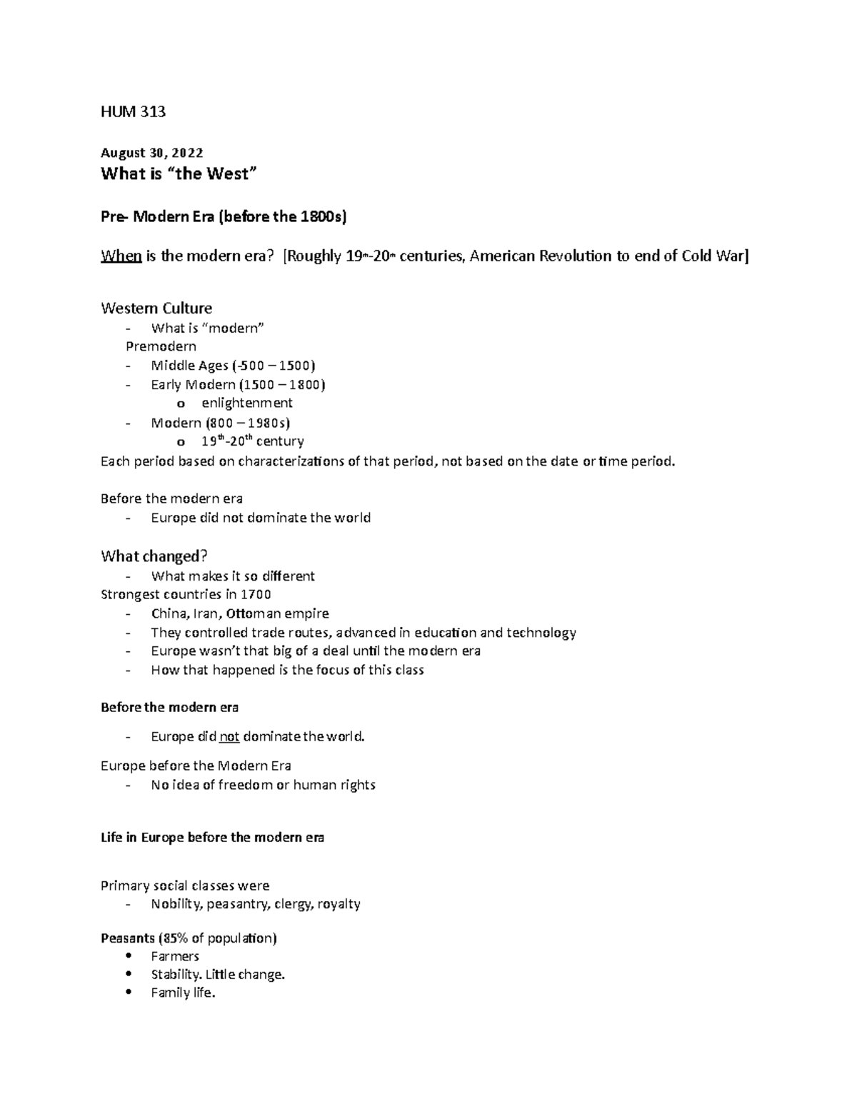 HUM 313 - Professor Corrado Lecture notes - HUM 313 August 30, 2022 ...