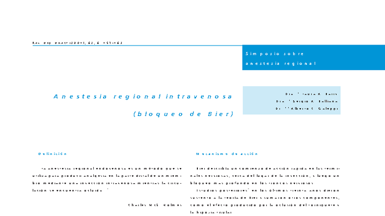 Bloqueo de Bier: Anestesia Regional Intravenosa y su Evolución - Studocu
