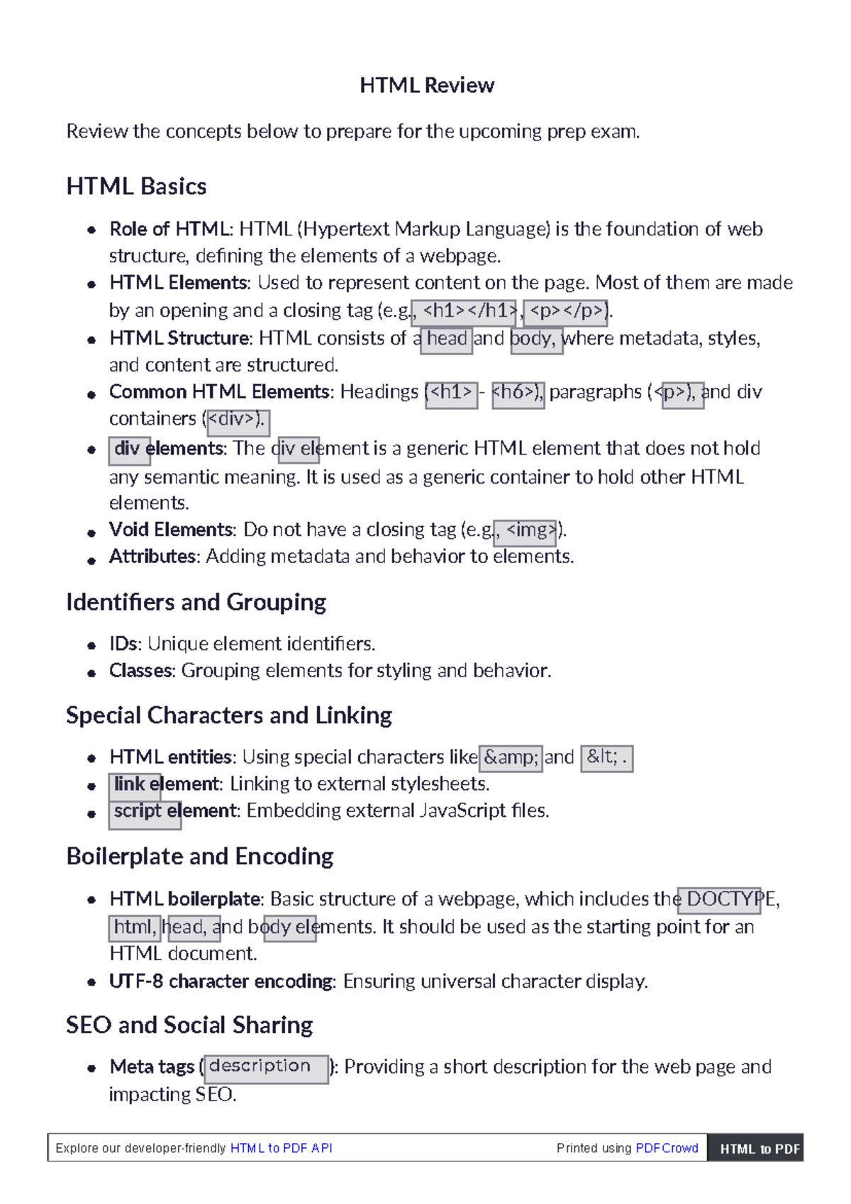 HTML Concepts Review for Prep Exam (Course Code: HTML101) - Studocu