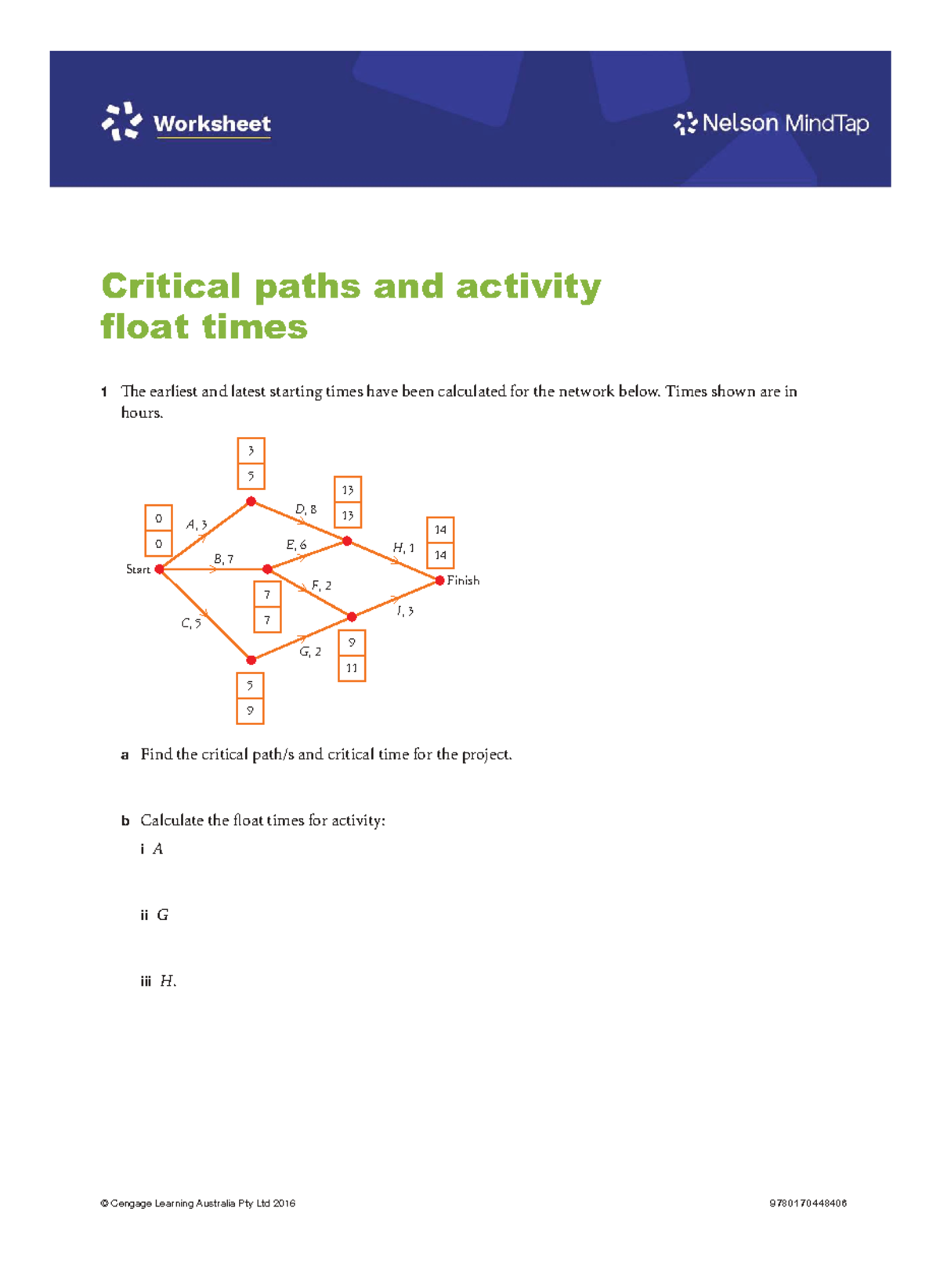 Worksheet - Critical Paths & Float Times MATHS12WK01108 - Studocu