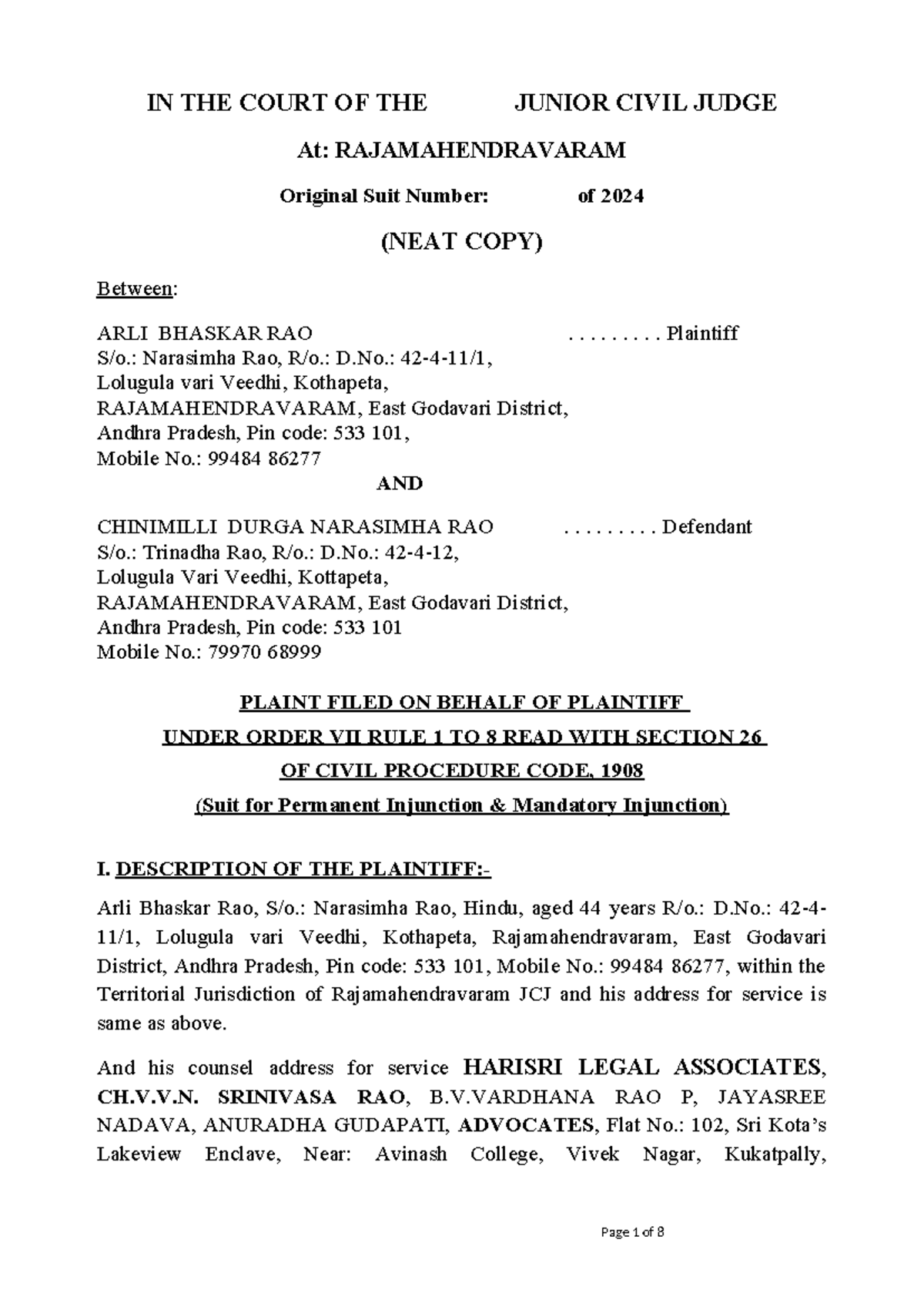 NEAT COPY plaint AB @ RJY @ 04 - IN THE COURT OF THE JUNIOR CIVIL JUDGE ...